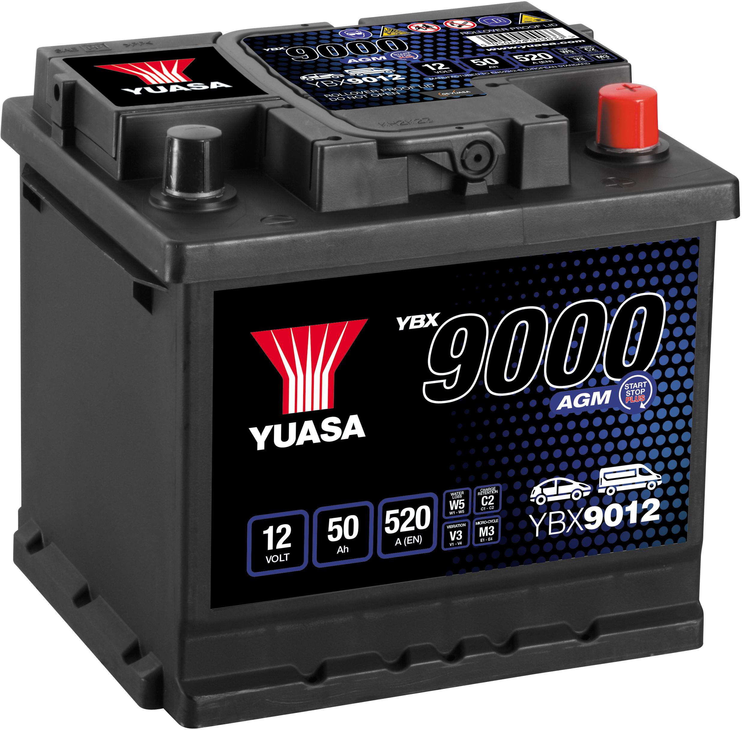 YBX9012 12V 50Ah 520A Yuasa AGM Start Stop Plus Battery | Halfords UK